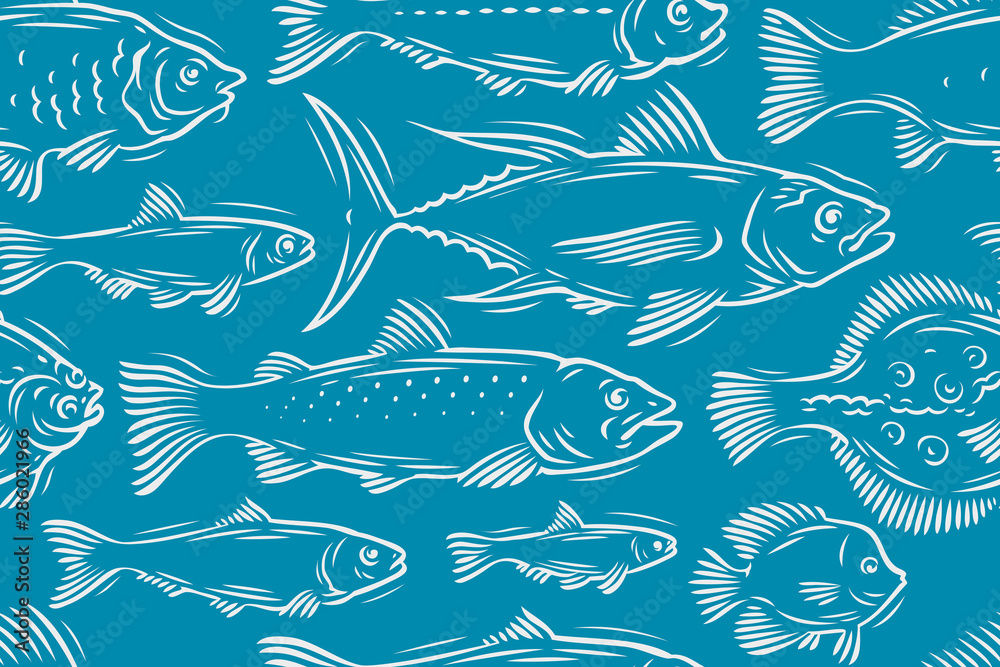 Fish seamless background. Underwater world, seafood vector illustration ...