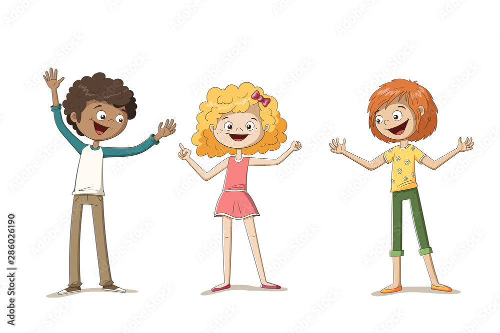 Three happy kids. Funny cartoon hand drawn character. Each on a ...