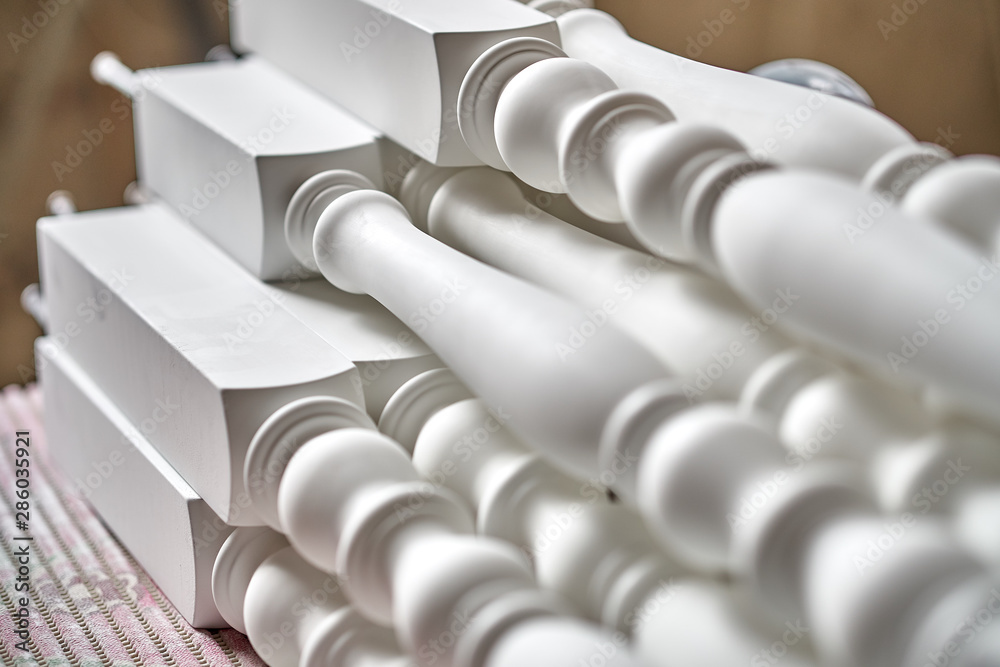 Balusters process production. Solid wood balusters before finishing ...