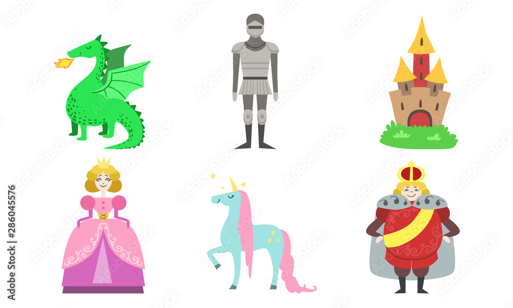 Cute Fairy Tales Characters Set, Princess, Prince, Unicorn, Dragon ...