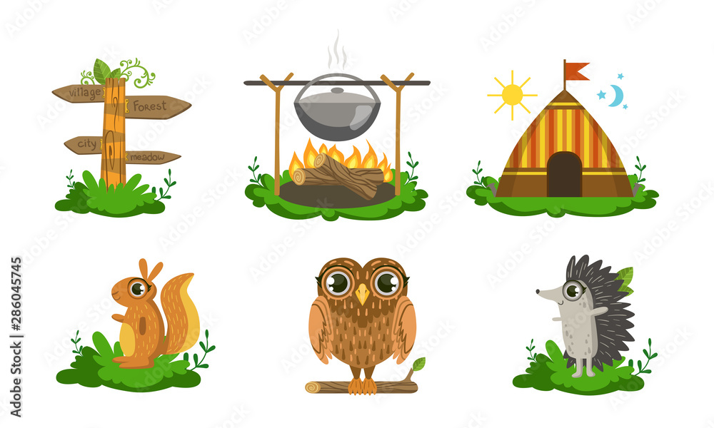 Cute Woodland Animals and Camping Elements Set, Squirrel, Wooden ...