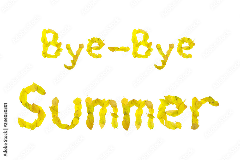 inscription bye-bye Summer, of small yellow leaves, on a white ...
