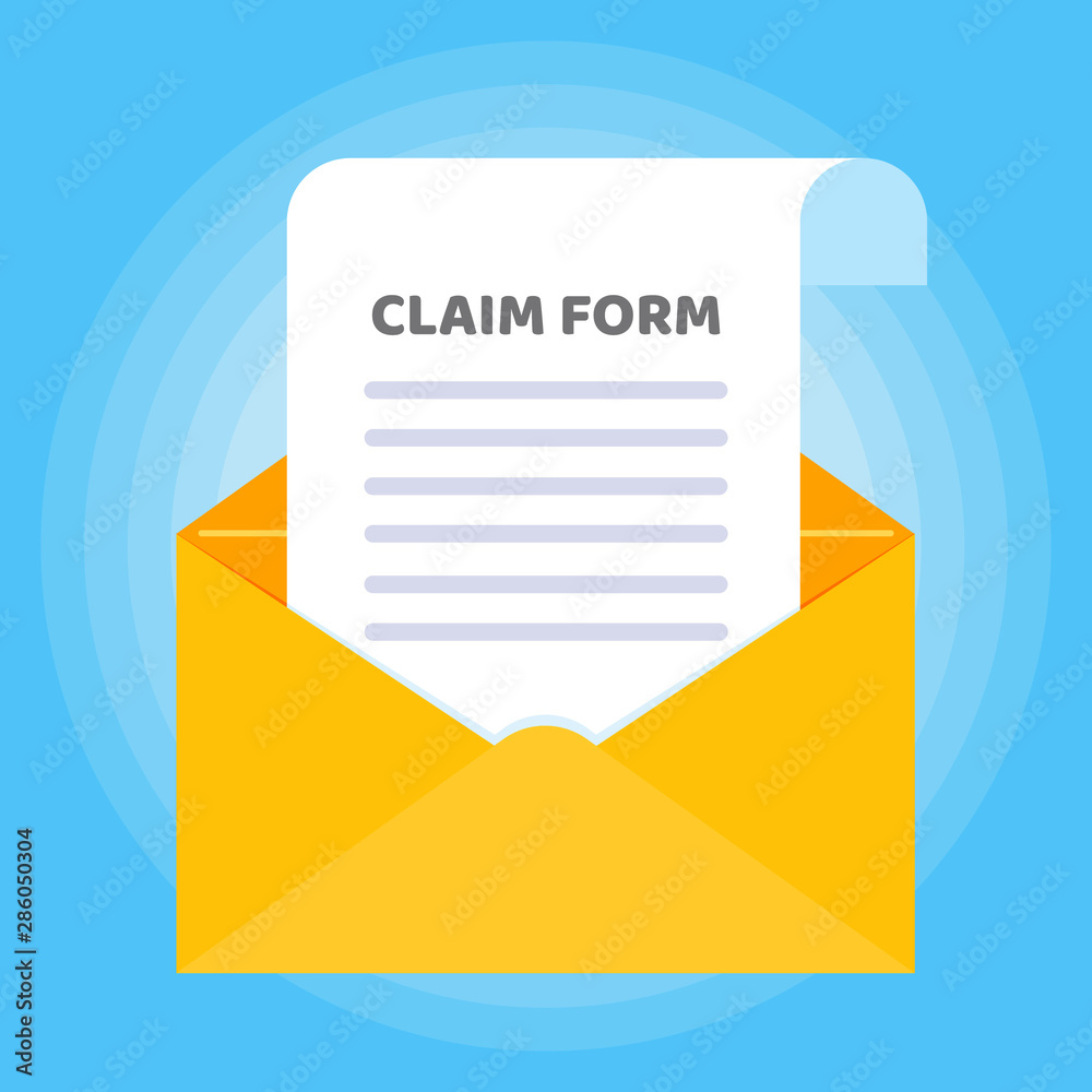Paper sheet with claim form to fill out and text in the envelope icon ...