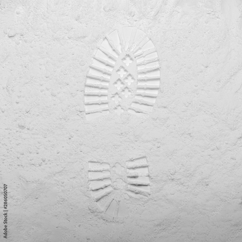 Footprint from a boot on a gray stone background. Moon surface texture ...