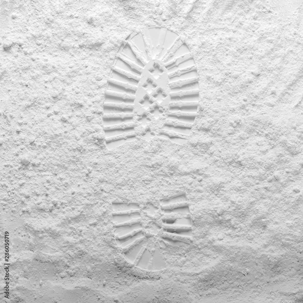 Footprint from a boot on a gray stone background. Moon surface texture ...