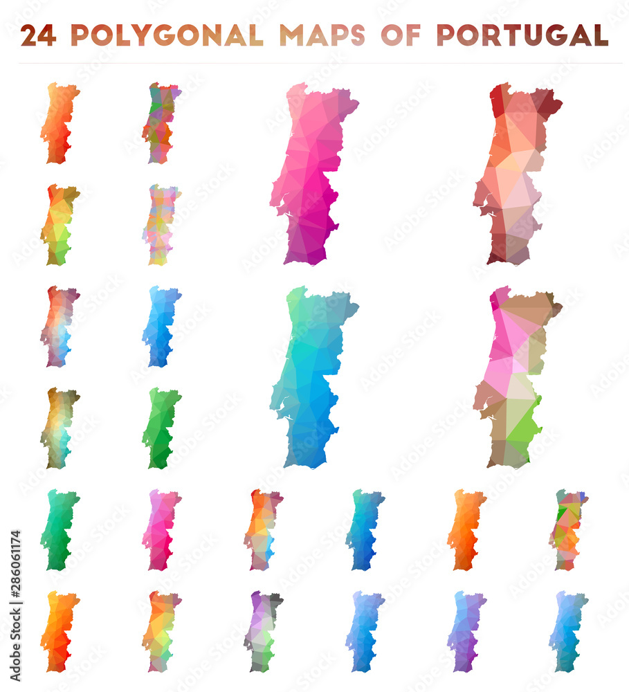 Set of vector polygonal maps of Portugal. Bright gradient map of ...