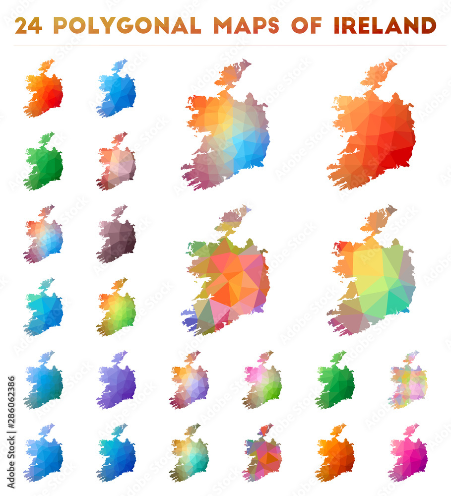 Set of vector polygonal maps of Ireland. Bright gradient map of country ...