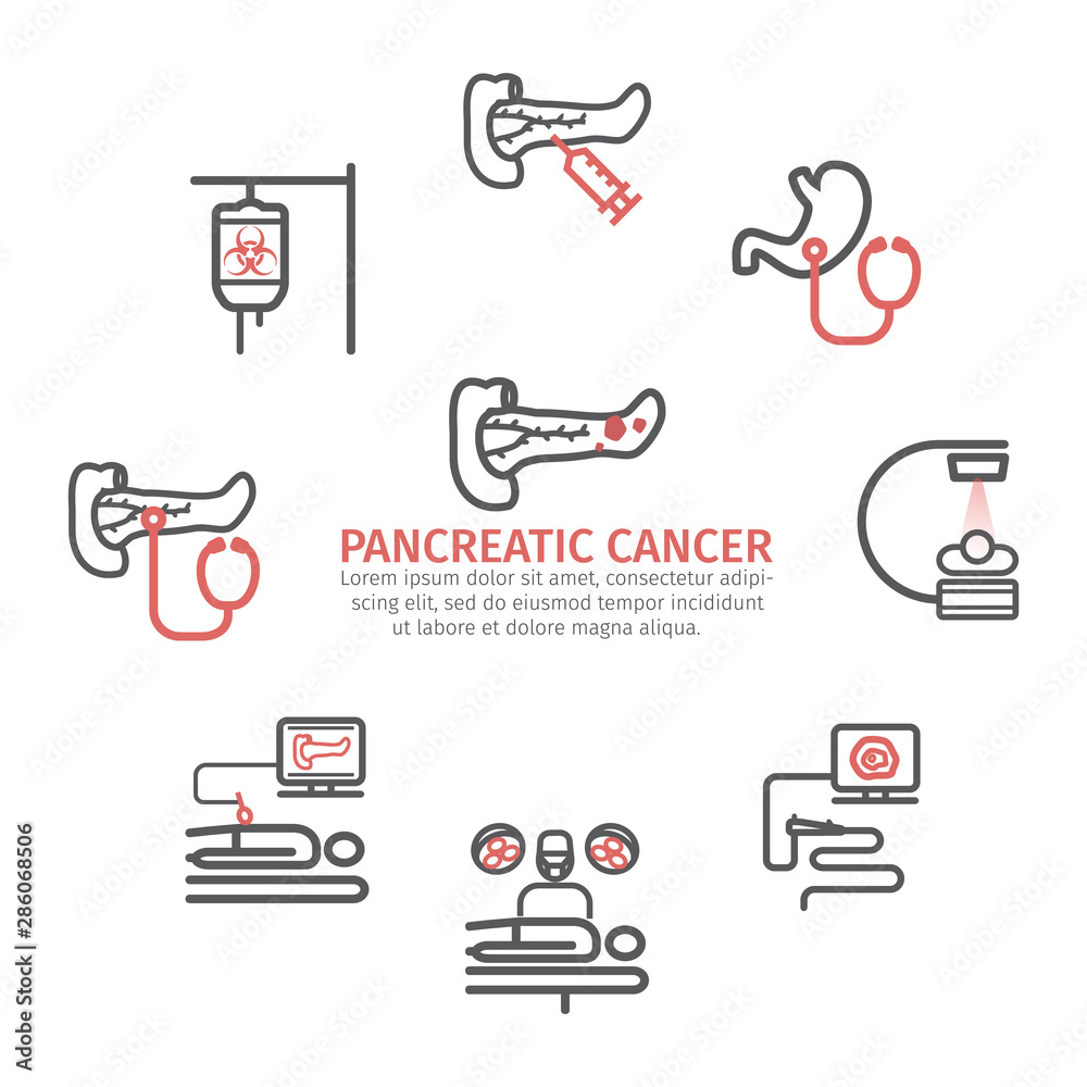 Pancreatic Pancreas Cancer banner. Causes. Diagnostics. Line icons set ...