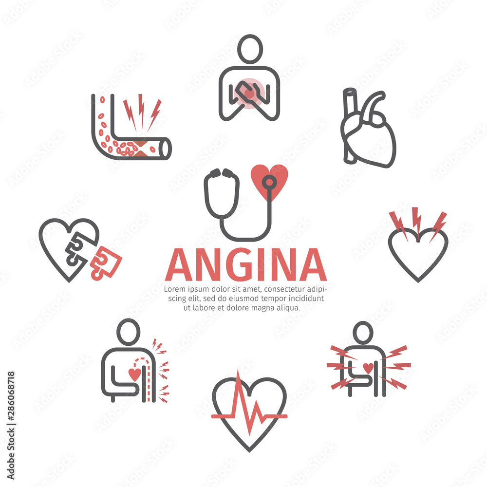 Angina pectoris banner, line icons. Symptoms. Vector signs for web ...