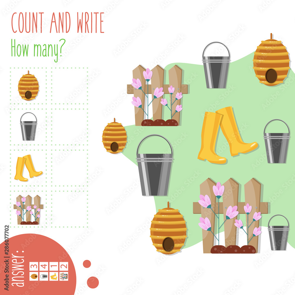 Vetor de Count and write. How many? Easy worksheet "In the garden" for ...
