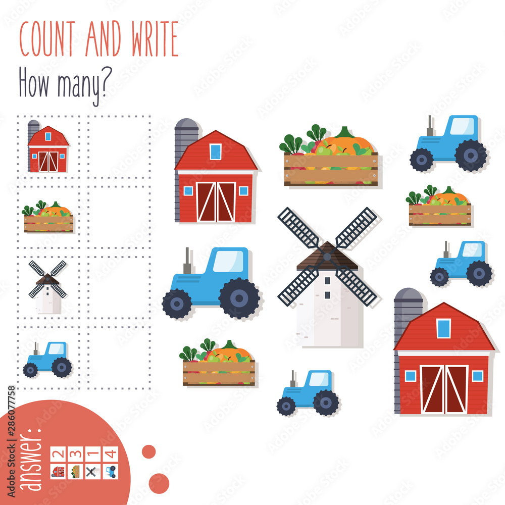 Count and write. How many? Easy worksheet "On the ranch" for ...