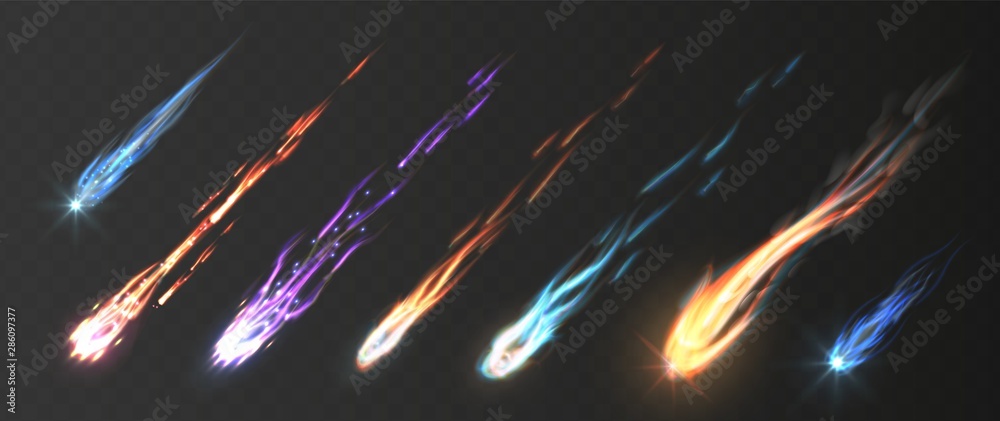 Comets and meteorite set. Vector realistic meteors and fireballs with ...
