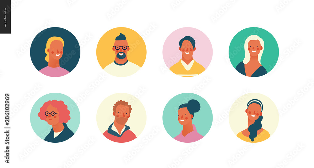 Bright people portraits set - hand drawn flat style vector design ...