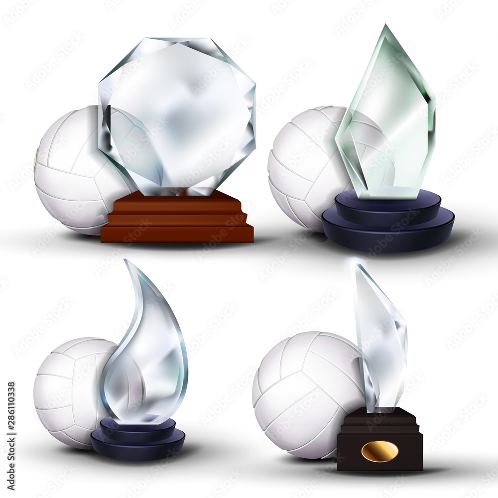 Volleyball Game Award Set Vector. Ball, Glass Trophy. Modern Tournament ...