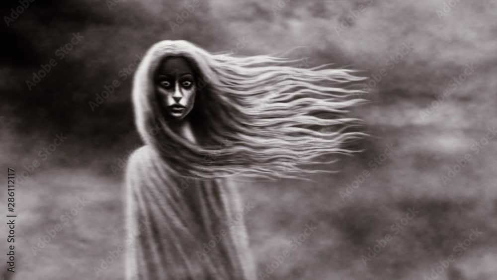 Young witch with flying hair. Mystical wind and ghost. Drawing magic ...