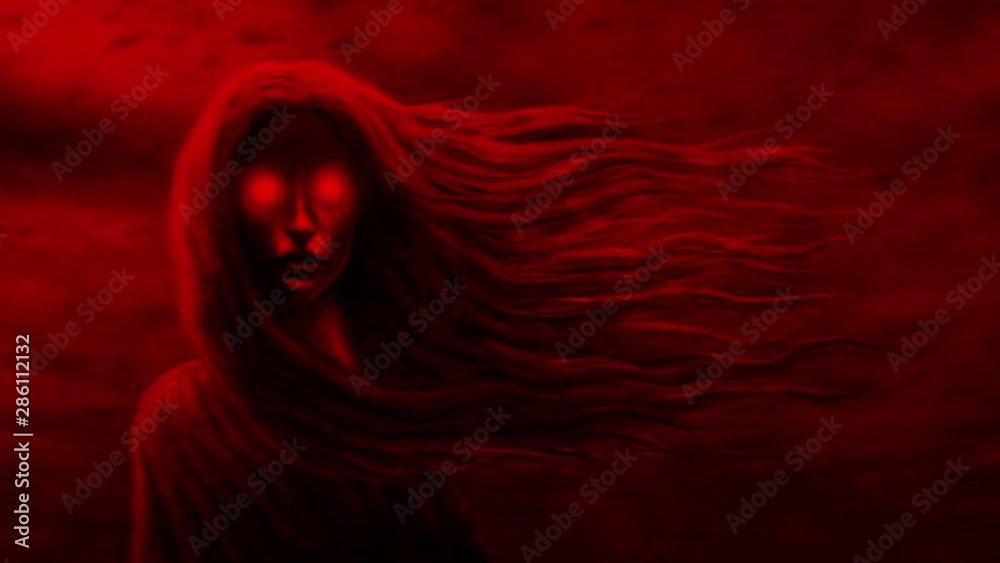 Magic girl in front. Flowing hair 2D animation in horror fantasy genre ...