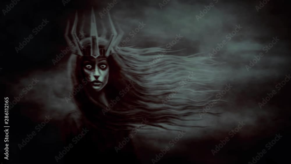 Dark queen with crown and flowing hair in wind. Fantasy animation in ...