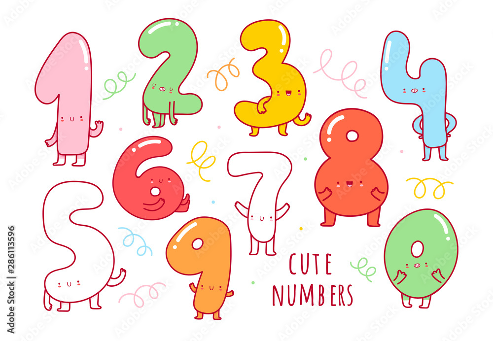 Hand drawn cute numbers with faces. Various emotions. Colorful vector ...