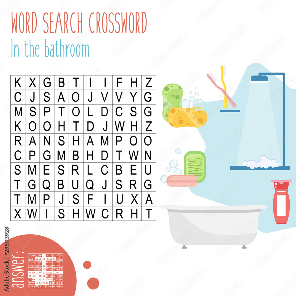 Easy word search crossword puzzle 'In the bathroom', for children in ...