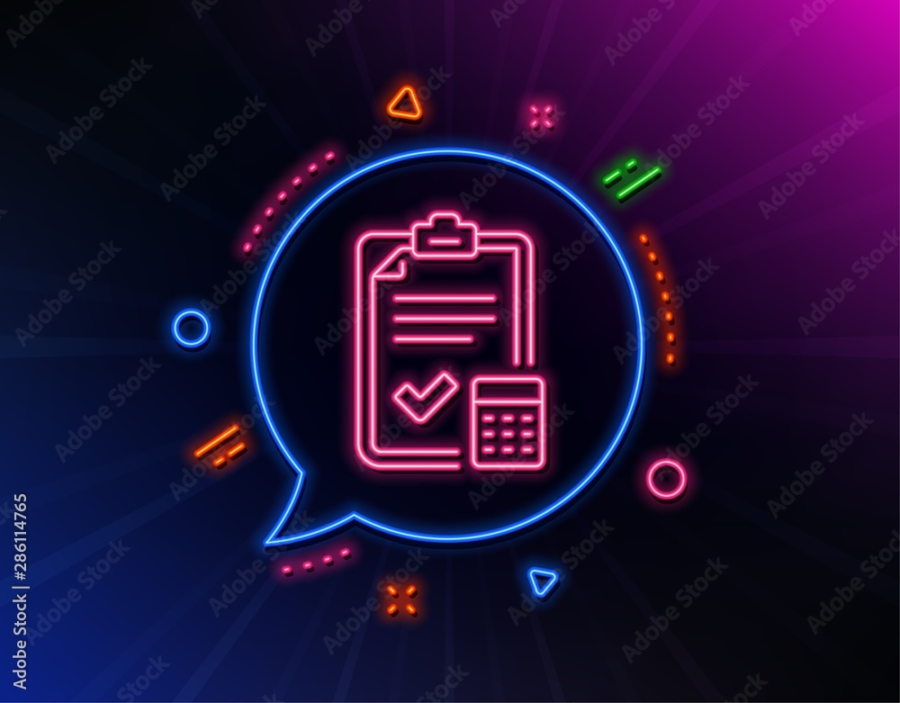 Accounting checklist line icon. Neon laser lights. Calculator sign ...