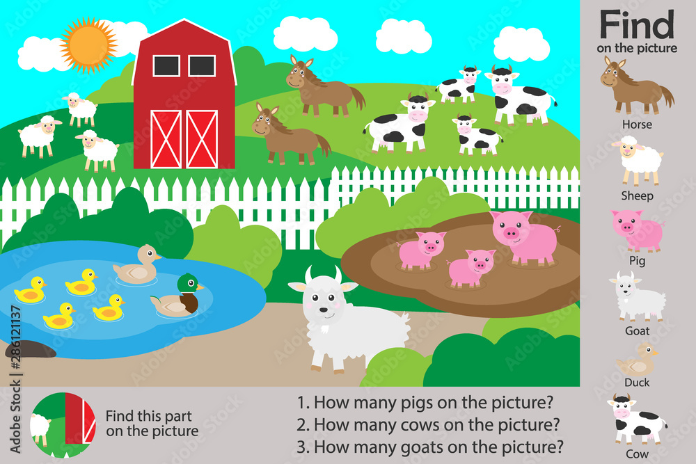 Vetor do Stock: Activity page, farm with animals in cartoon style, find ...