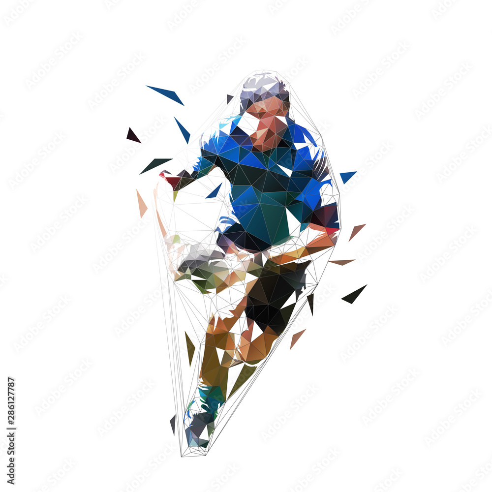 Rugby player running with ball in hands, front view. Isolated low ...
