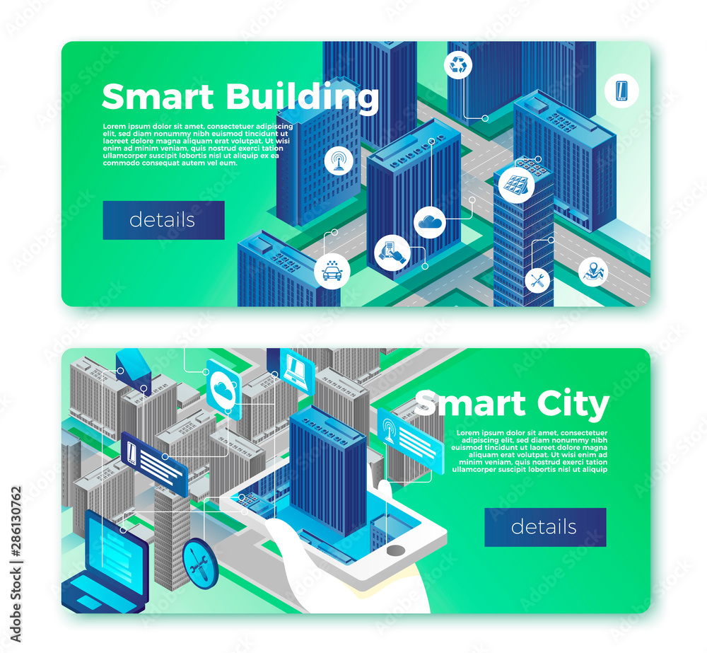 Vector smart city and building banner templates set. Hand with phone ...