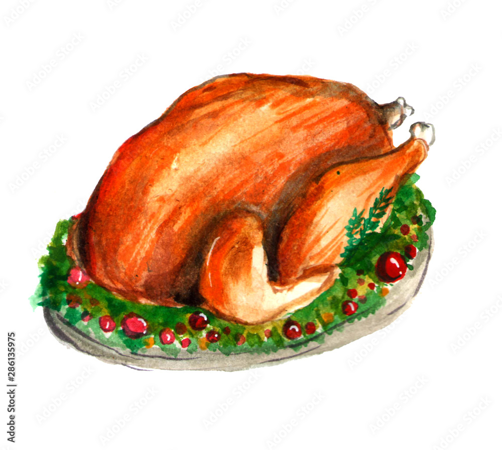 Turkey on plate hand drawn illustration in watercolor cartoon style ...