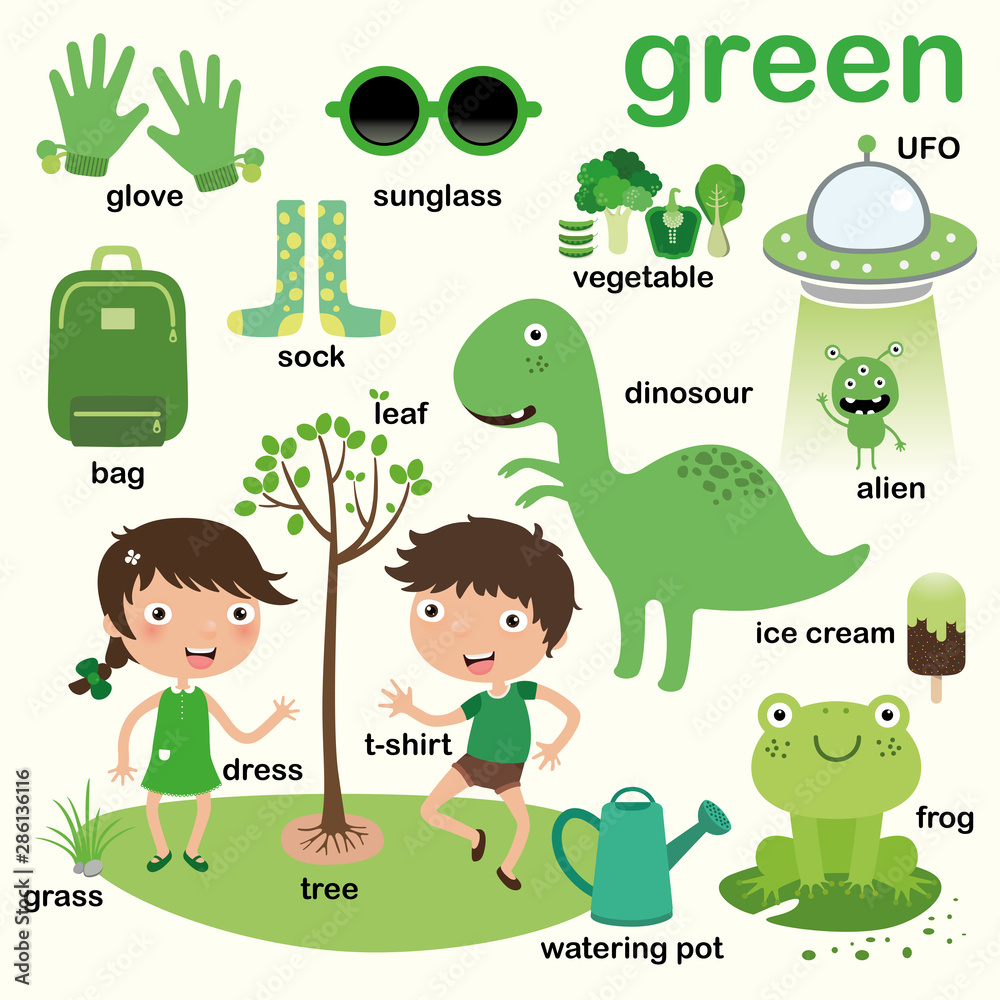 Learn Green color, Educate color and vocabulary set, Illustration of ...