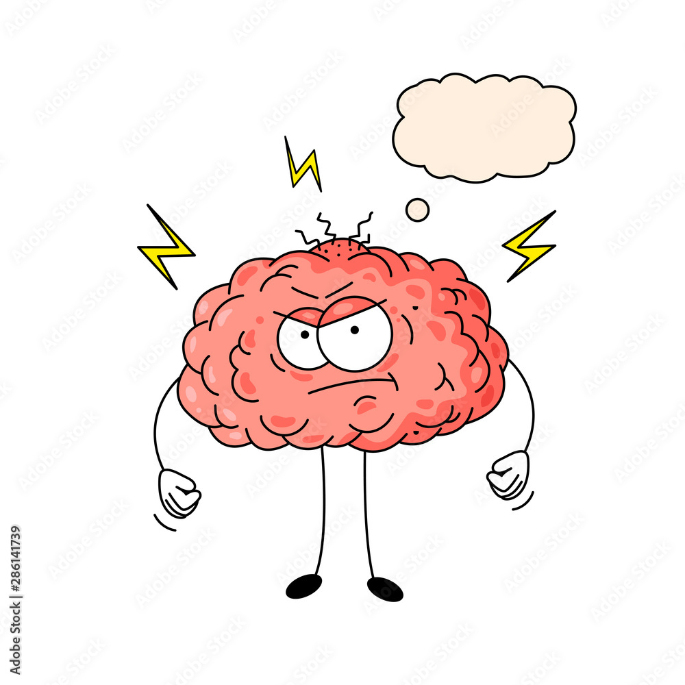 Cute human cartoon brain is angry on white background. Funny vector ...