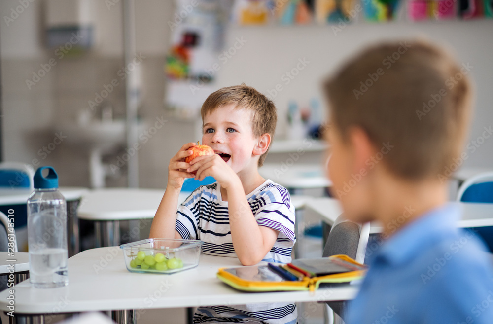Small school children sitting at the desk in classroom, eating fruit ...
