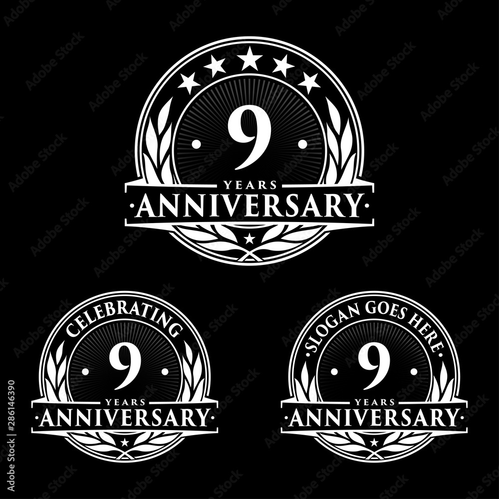9 years anniversary set. 9th celebration logo collection. Nine years ...