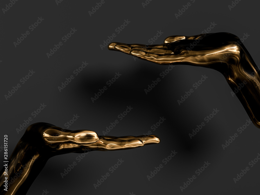 Black and gold Palm presenting gesture isolated on black background ...
