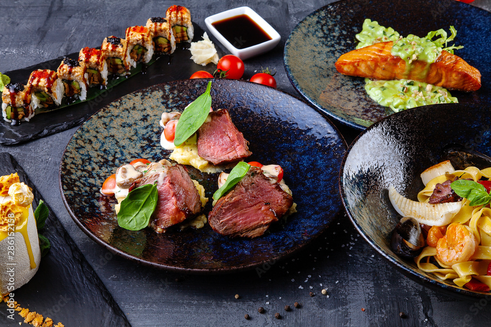 Top view on luxury restaurant food table with delicious meal. Flat lay ...