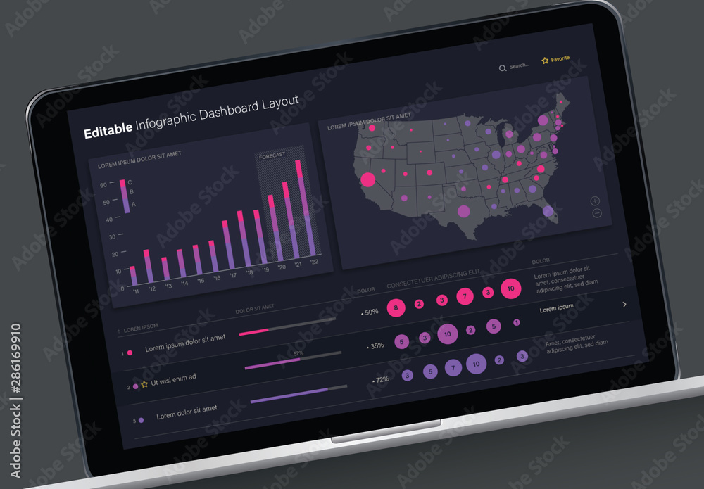 Editable Infographic Dashboard Layout with Dark Background Stock ...