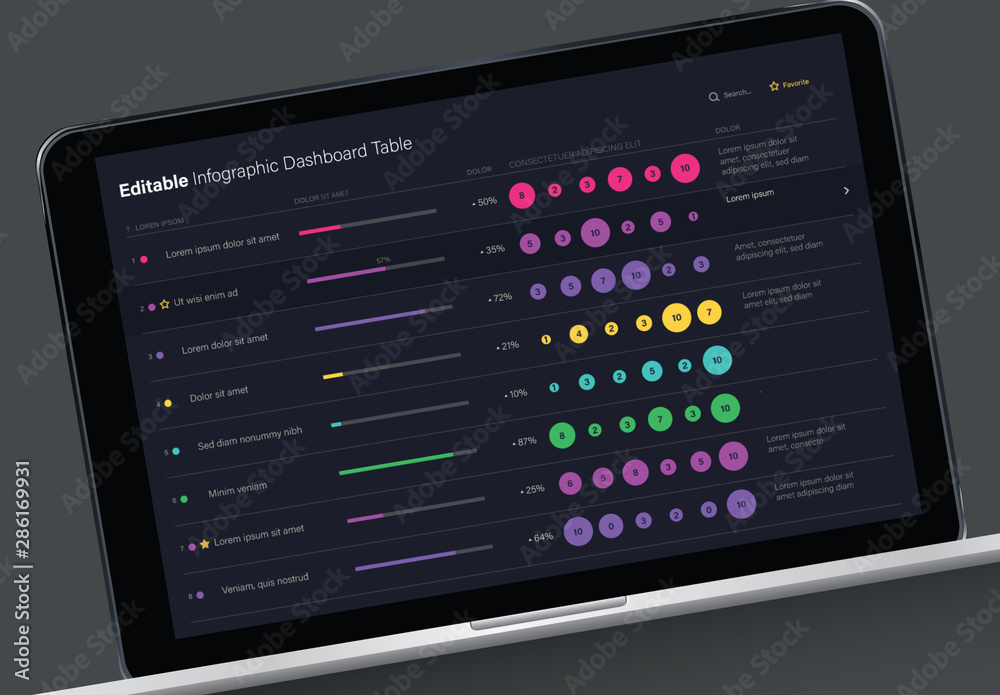 Editable Infographic Dashboard Table Layout with Dark Background Stock ...