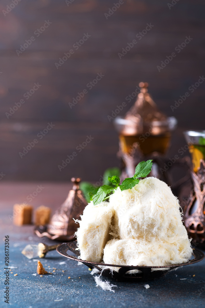 Traditional Turkish cotton candy called Pismaniye in vintage plate with ...