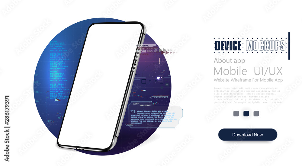 Smartphone frameless blank screen, rotated position. 3d isometric ...