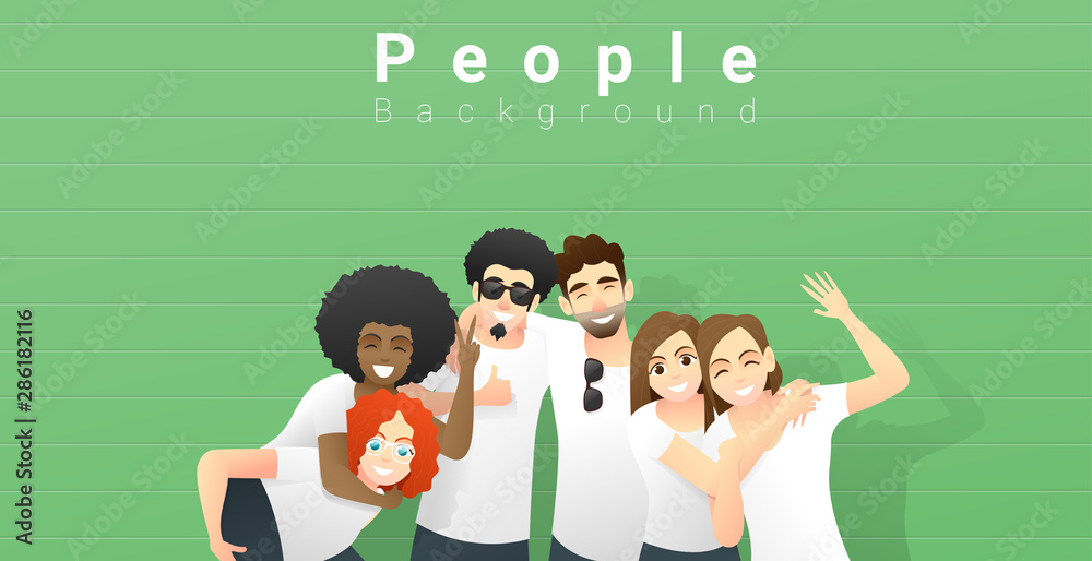 Friendship concept with group of young friends having fun and standing ...