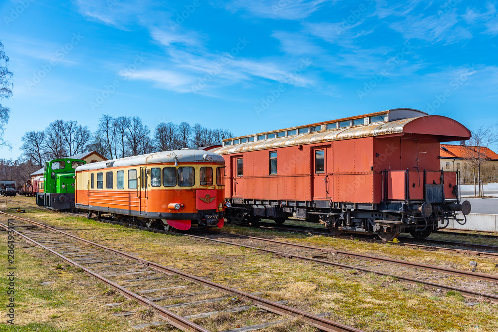 Historical train at old Nora train station in Sweden Stock Photo ...