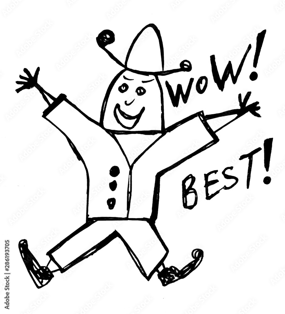 Funny little man, joyful, positive, jumping with the inscription WOW ...