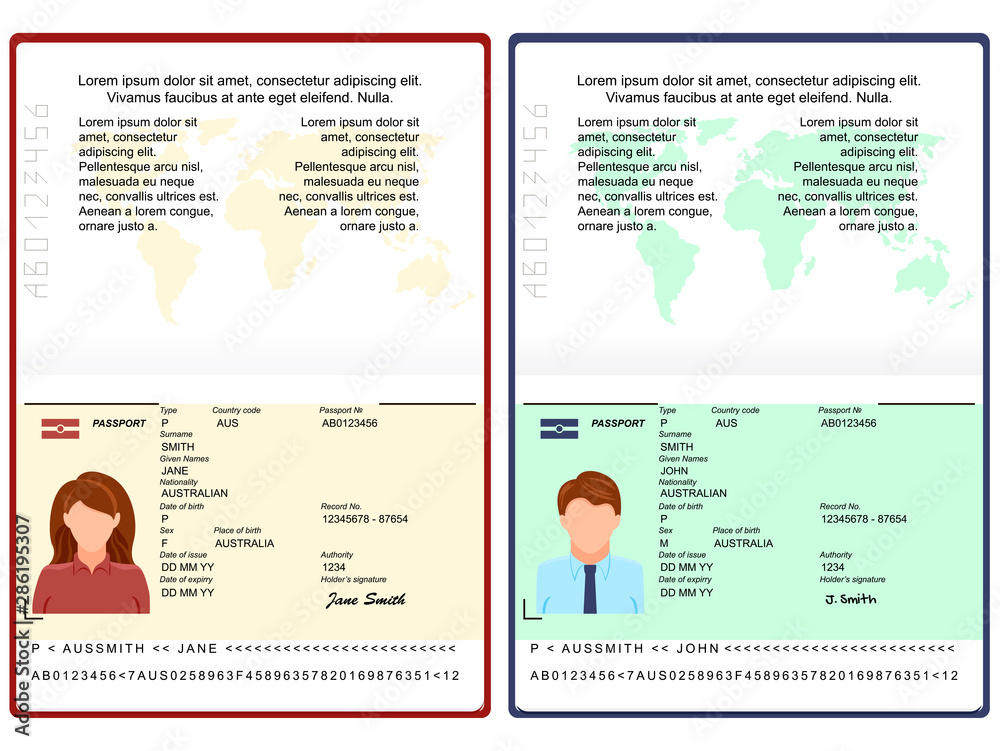 Vector Blank open international passport template. passport with sample ...