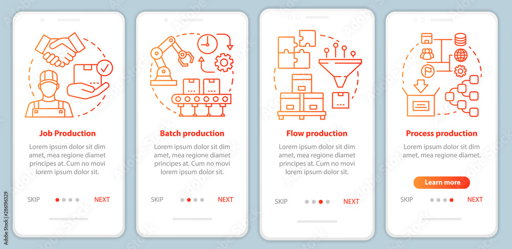Manufacturing Method Red Onboarding Mobile App Page Screen Vector Template Job Batch Flow