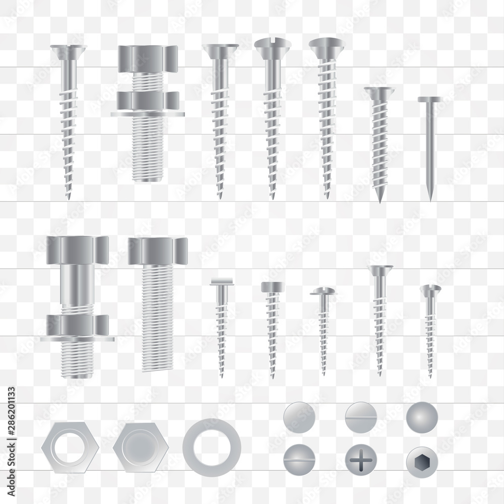 Set of 3d realistic metal screws, stainless steel bolts, nuts, rivets ...