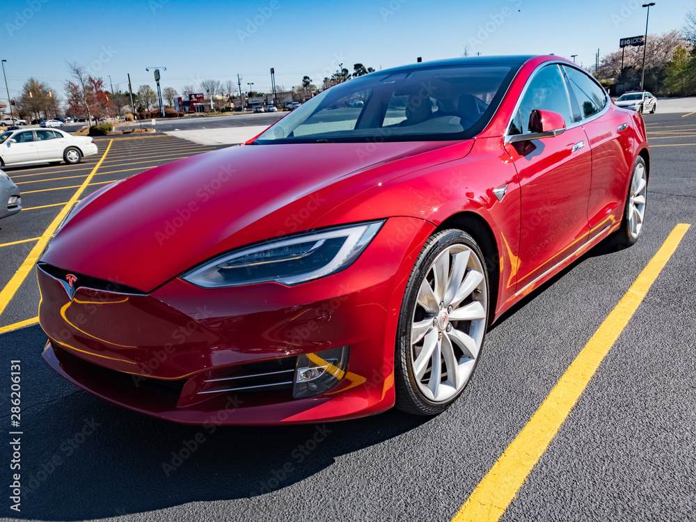 Red Tesla Model S Parked in Parking Lot Summer Day Stock Photo | Adobe ...