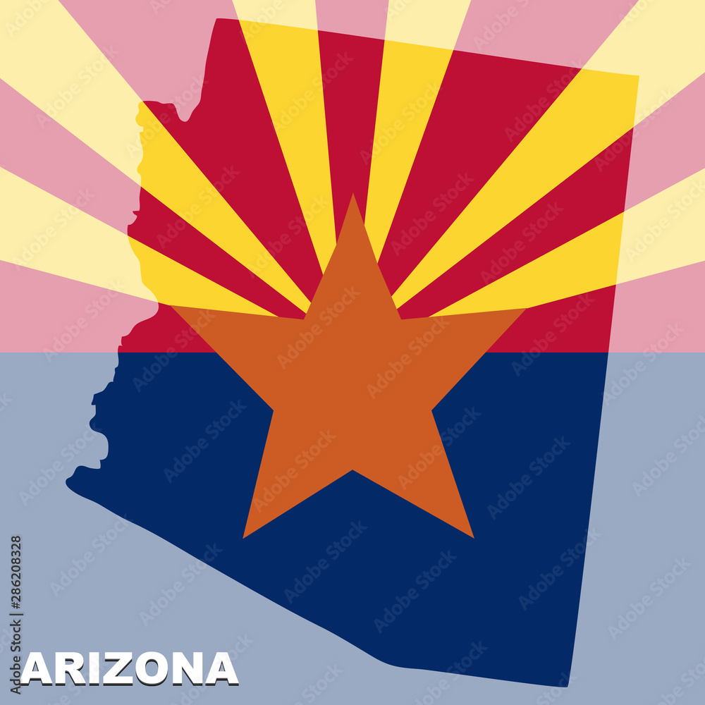 Arizona State map with state flag Banner/poster. Thirteen rays ...
