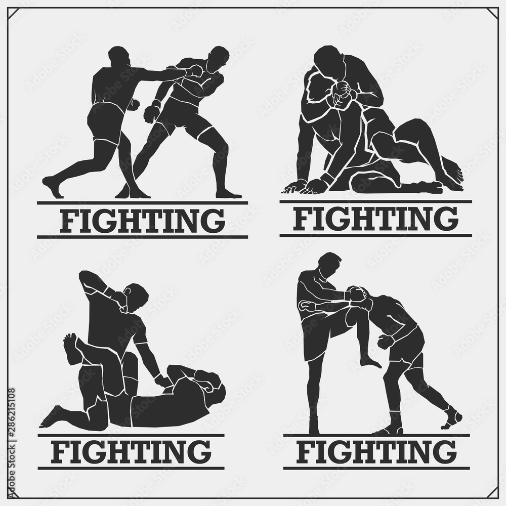 Set of fighting club emblems, labels, badges and icons. Fighters ...