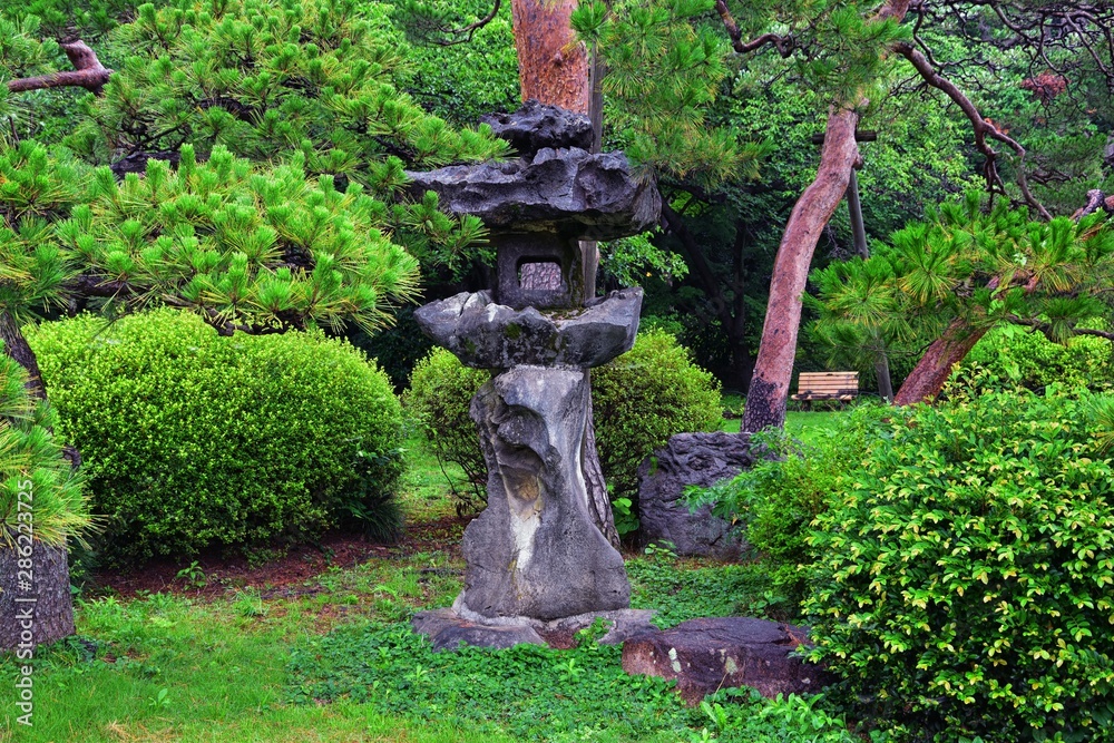 Traditional Japanese gardens in public parks in Tokyo, Japan. Views of ...