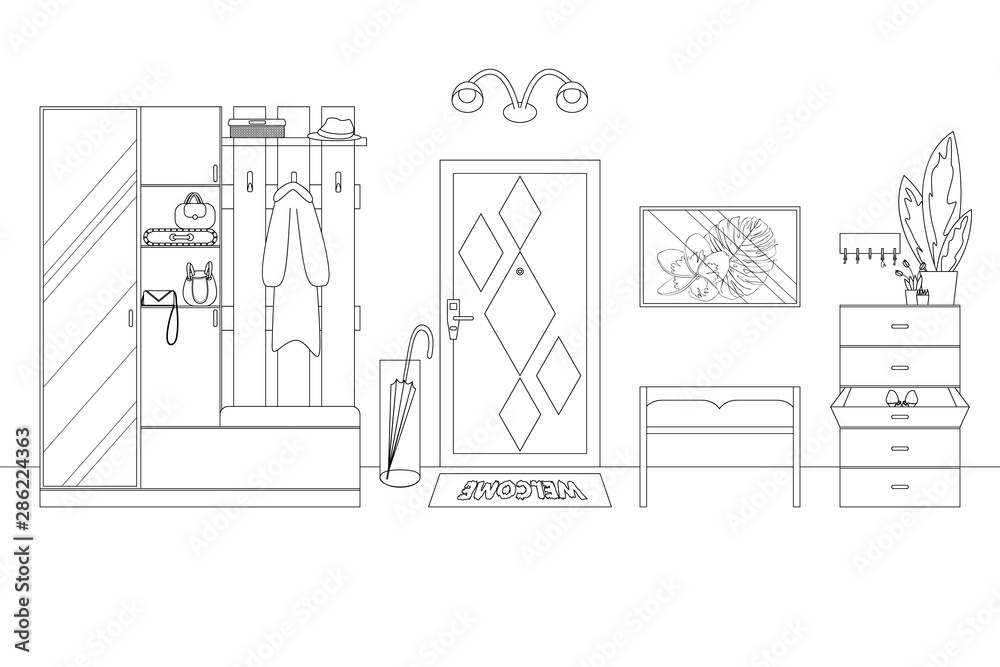 Vector Illustration of a Hallway in Outline Style. Line Illustration of ...