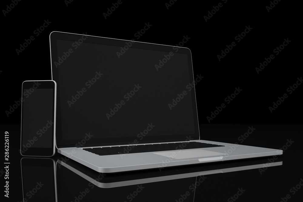 Computer laptop and smartphone blank display on black background ...